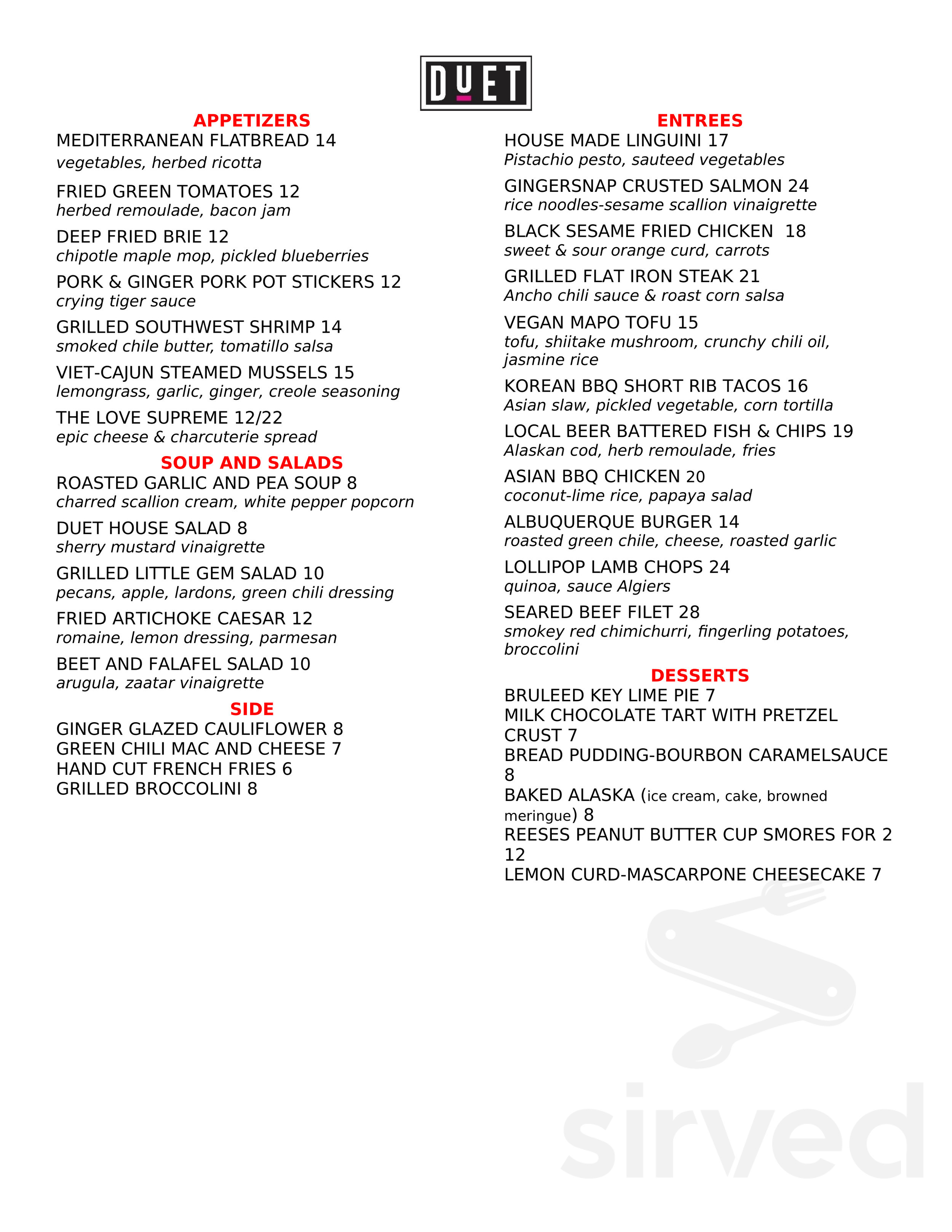 Duet Menu - Tulsa, Oklahoma | Sirved