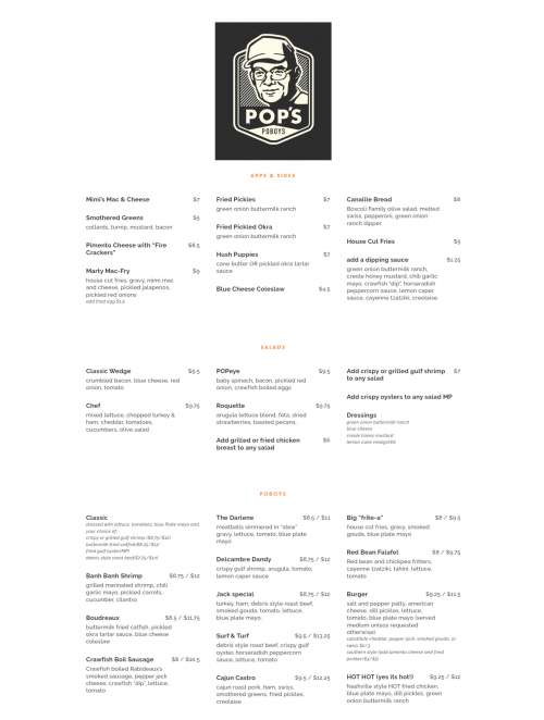 Pop's Poboys menu in Lafayette, Louisiana, USA