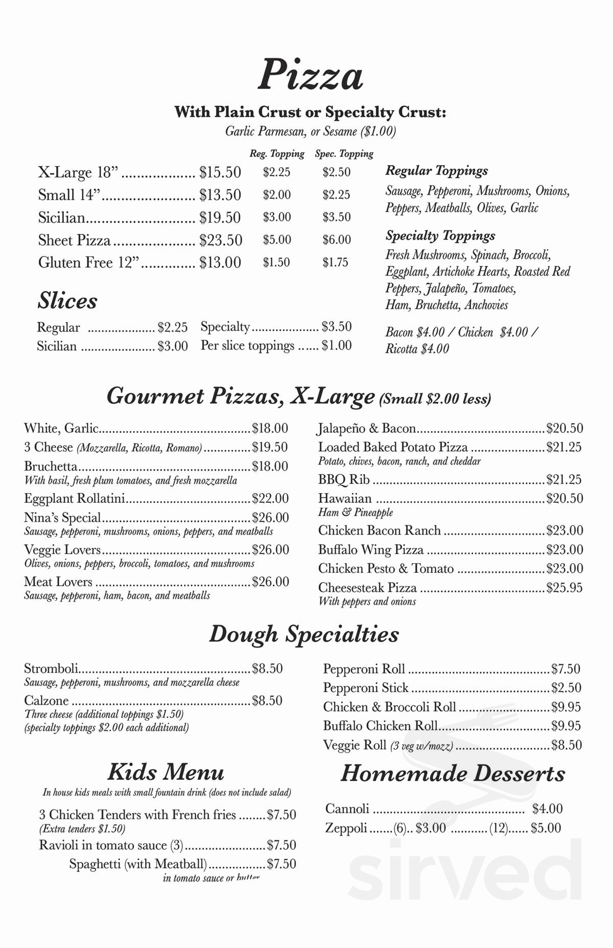 Menu for Nina's Italian Resturant & Pizzera in Oneonta, NY | Sirved