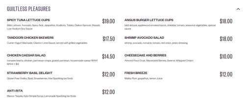 IPIC Theaters menu in Redmond, Washington, USA