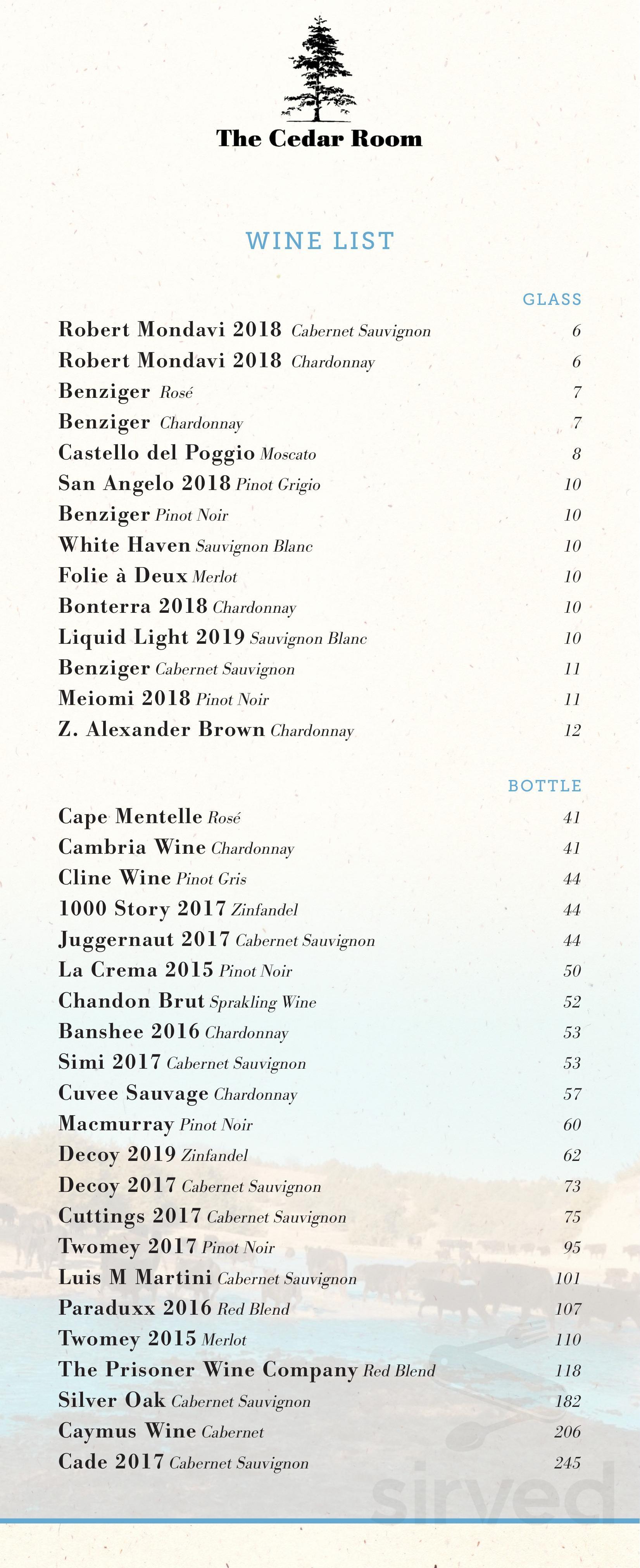 The Cedar Room menu in North Platte, Nebraska, USA