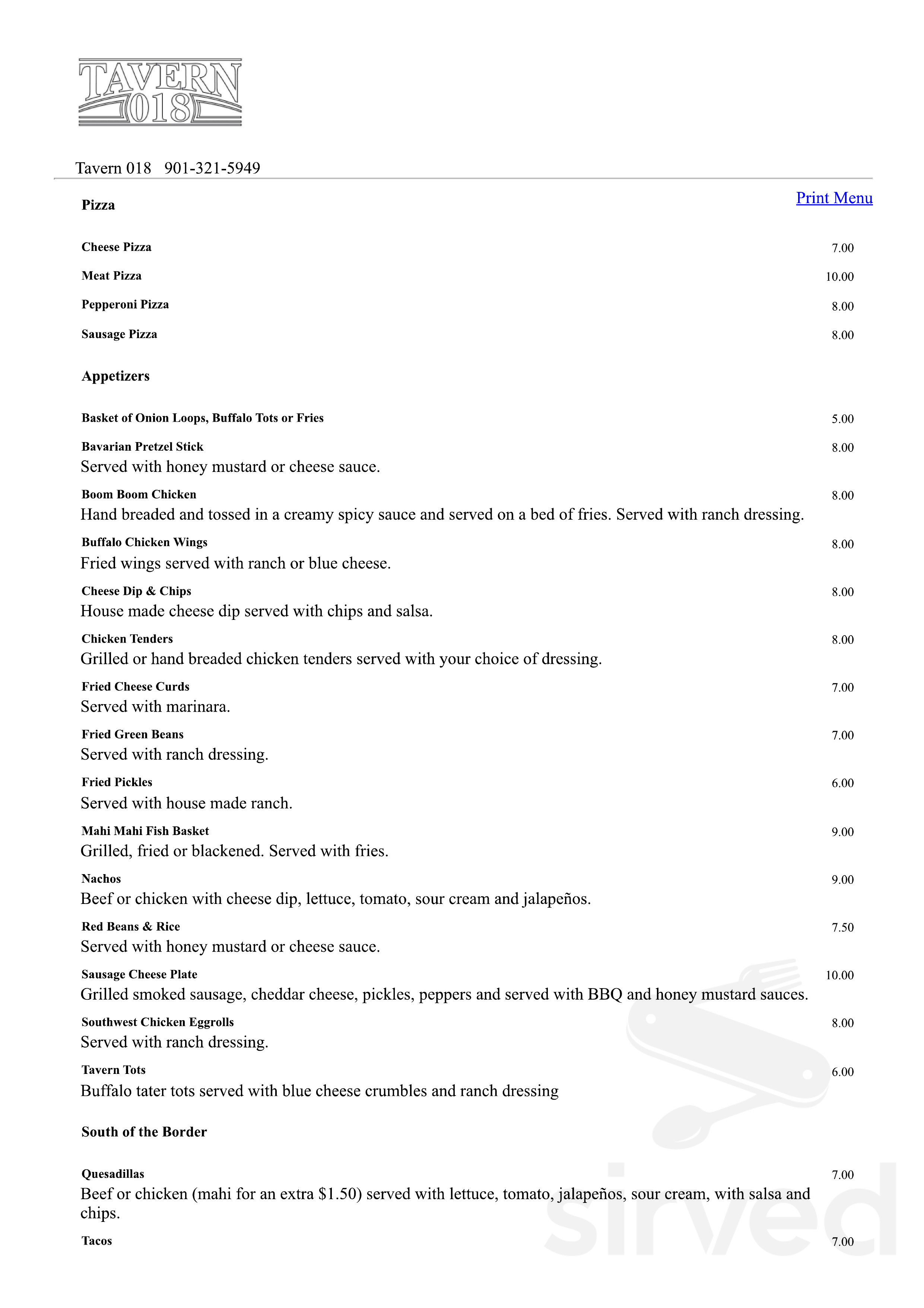 Tavern 018 menu in Cordova, Tennessee, USA