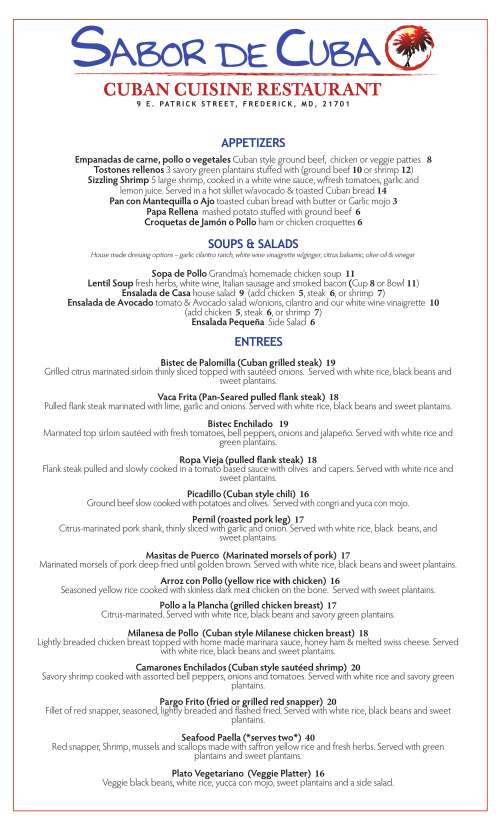 Sabor de Cuba menu in Frederick, Maryland, USA