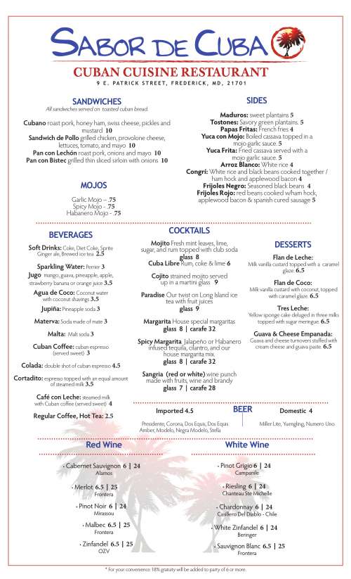 Sabor de Cuba menu in Frederick, Maryland, USA