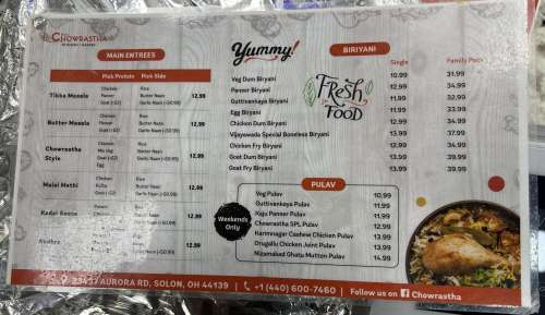 Chowrastha menu in Solon, Ohio, USA