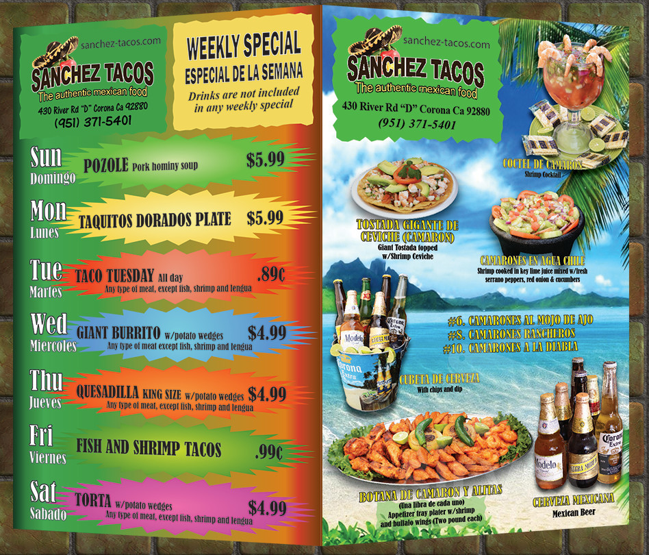 Menu - Corona CA's Sanchez Tacos | Sirved