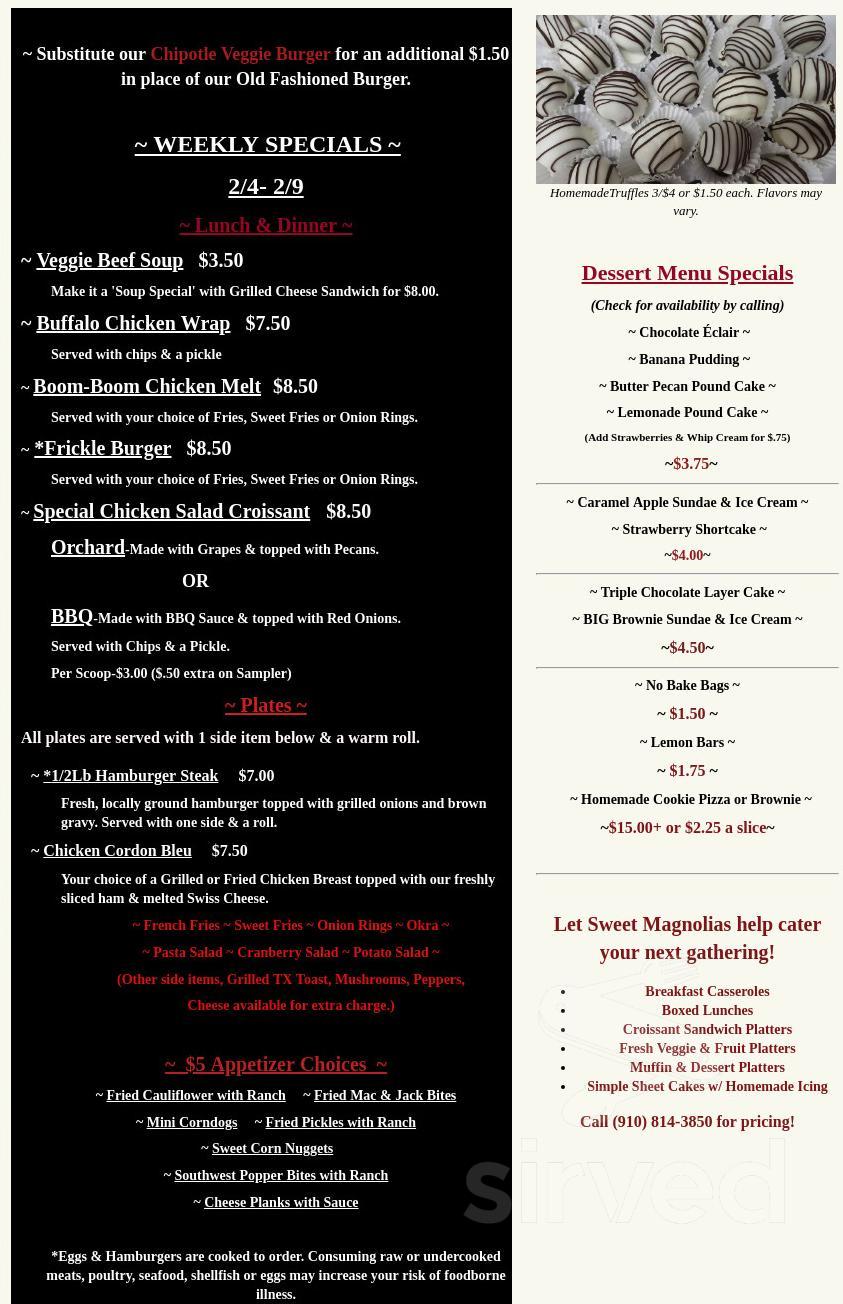 Menu for Sweet Magnolias Deli & Grill in Lillington, NC | Sirved