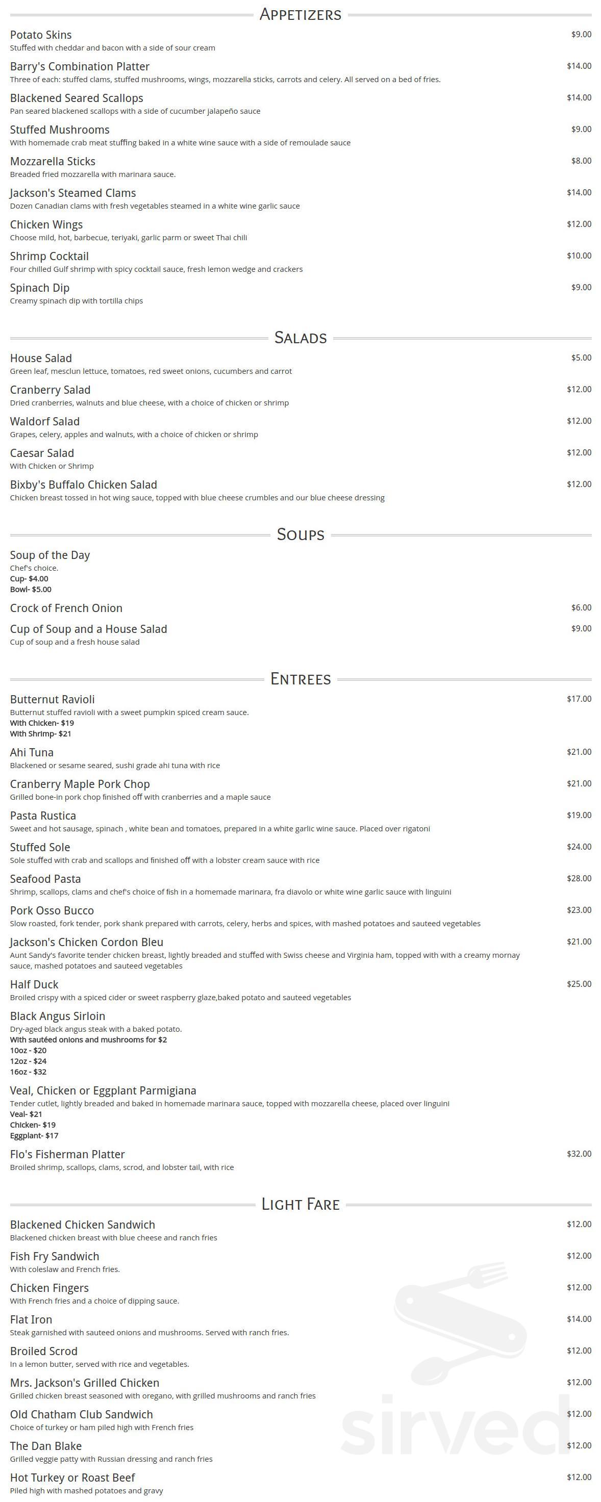 Menu for Jackson's Old Chatham House in Old Chatham, NY | Sirved