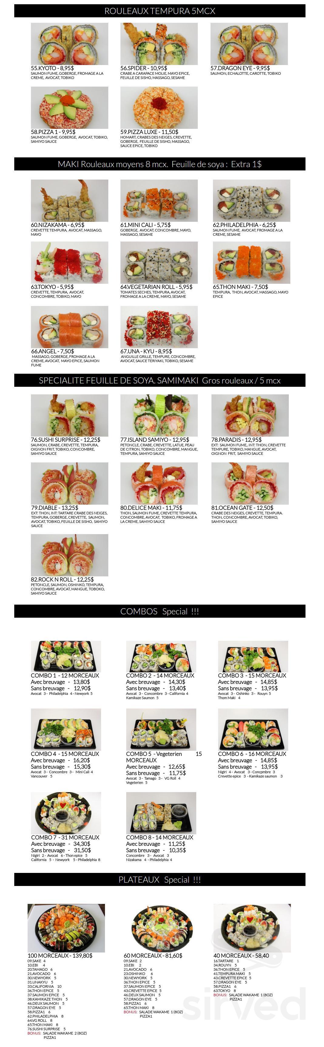 Samiyo Sushi Inc. menu in Val-d'Or, Quebec, Canada