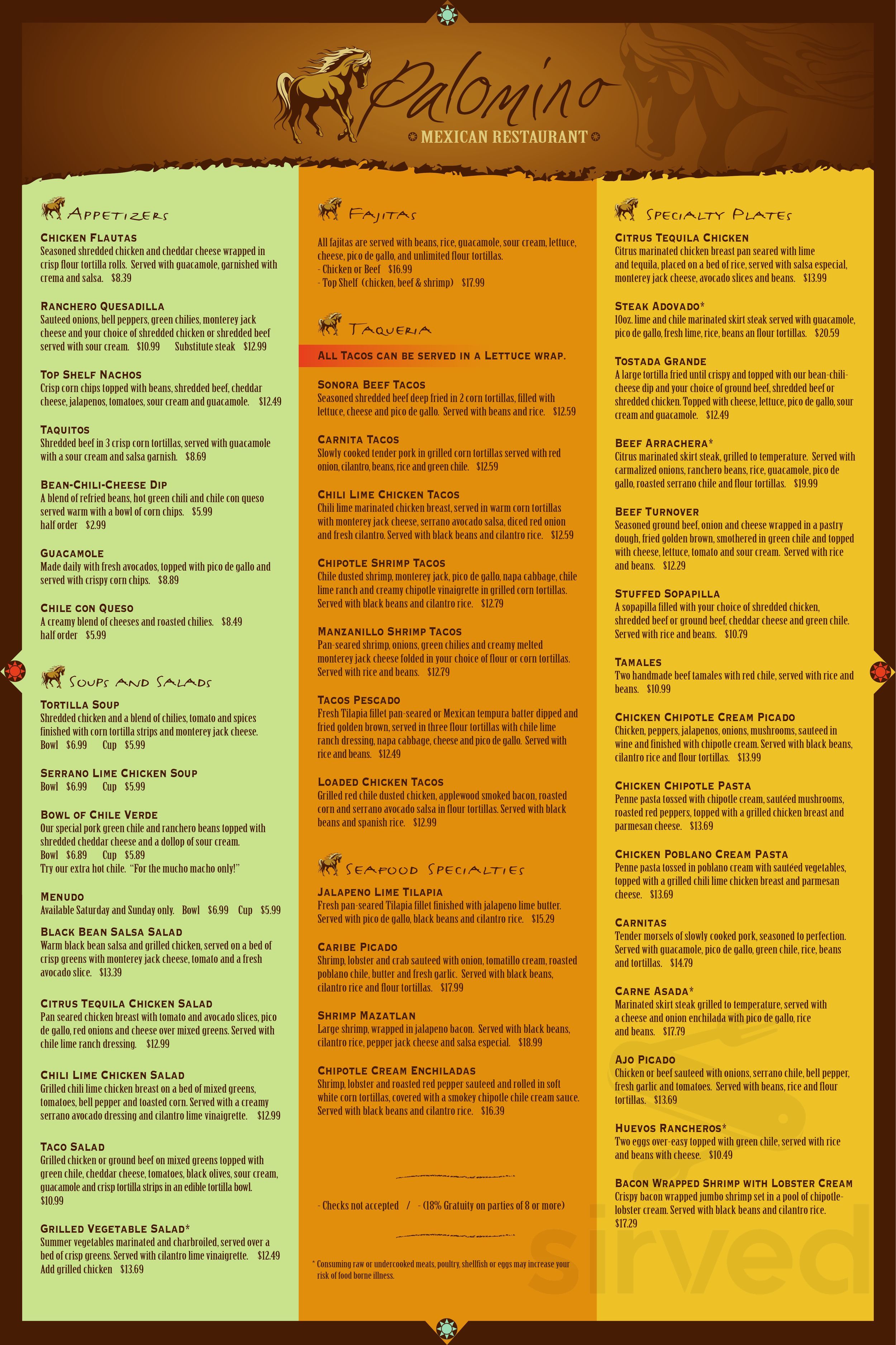Palomino Mexican Restaurant menu in Evans, Colorado, USA