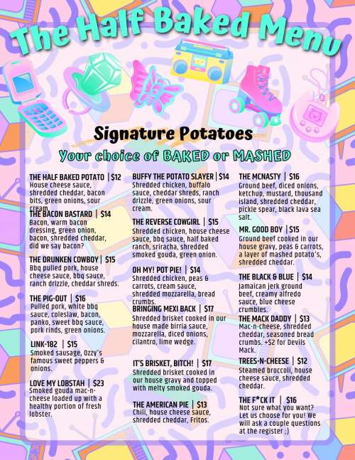 The Half Baked Potato menu in St. Petersburg, Florida, USA