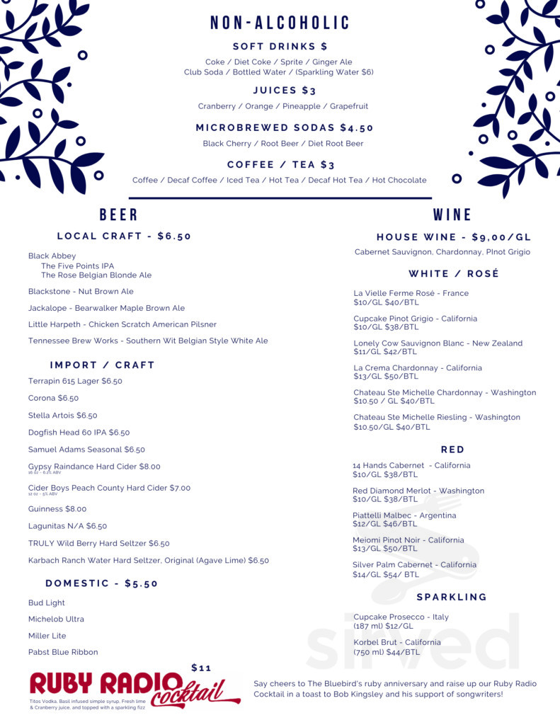 The Bluebird Cafe menu in Nashville, Tennessee, USA