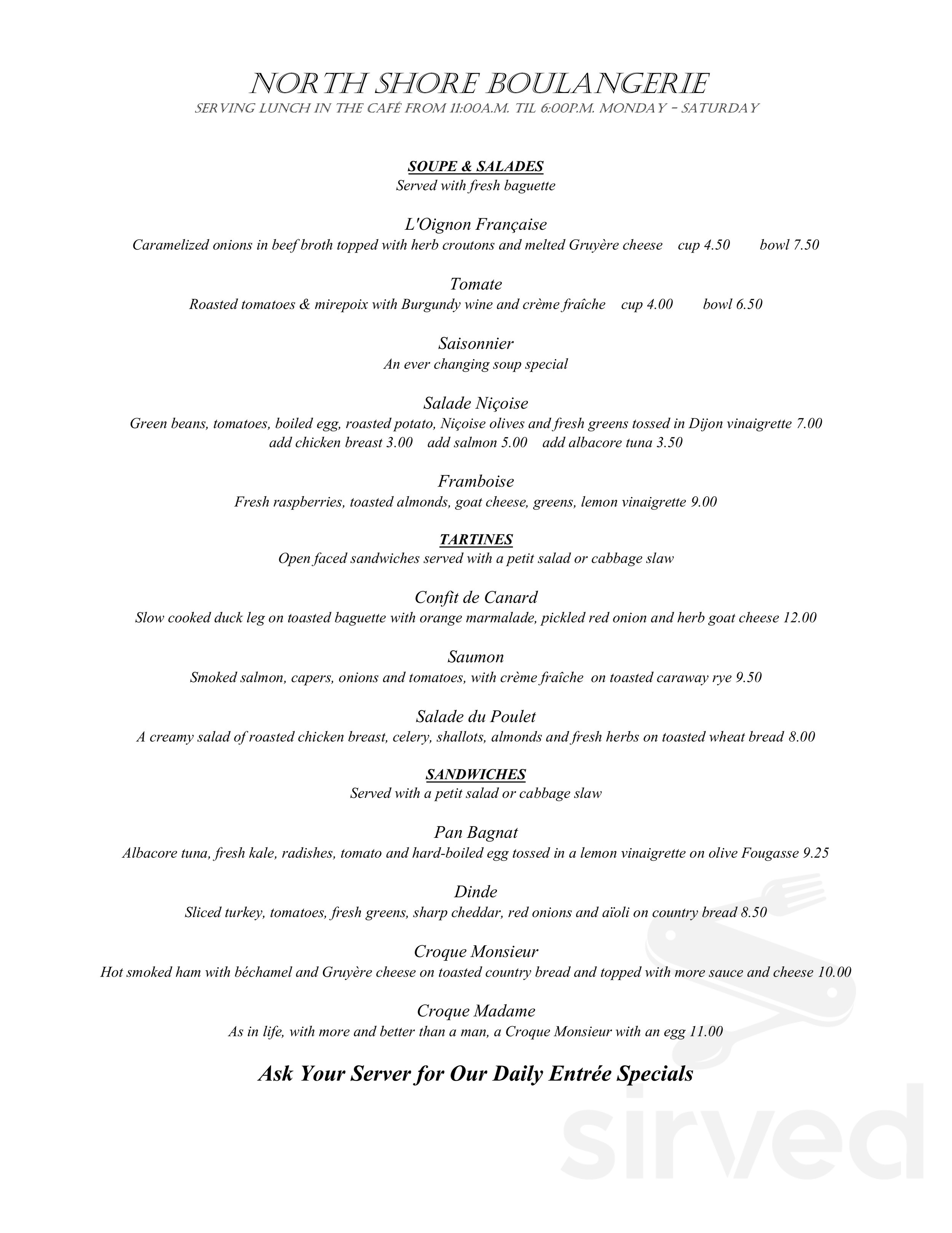 North Shore Boulangerie menu in Shorewood, Wisconsin, USA