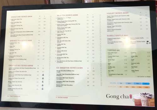 Gong Cha menu in Surrey, British Columbia, Canada