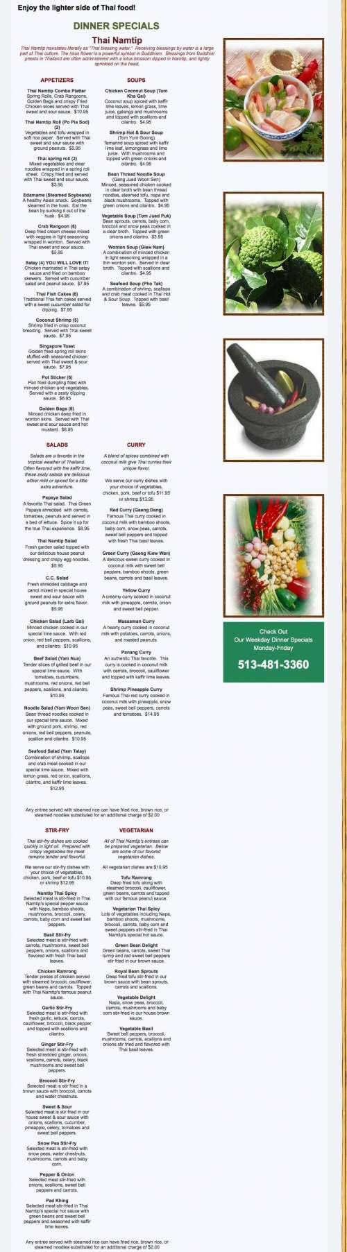 Thai Namtip menu in Cincinnati, Ohio, USA