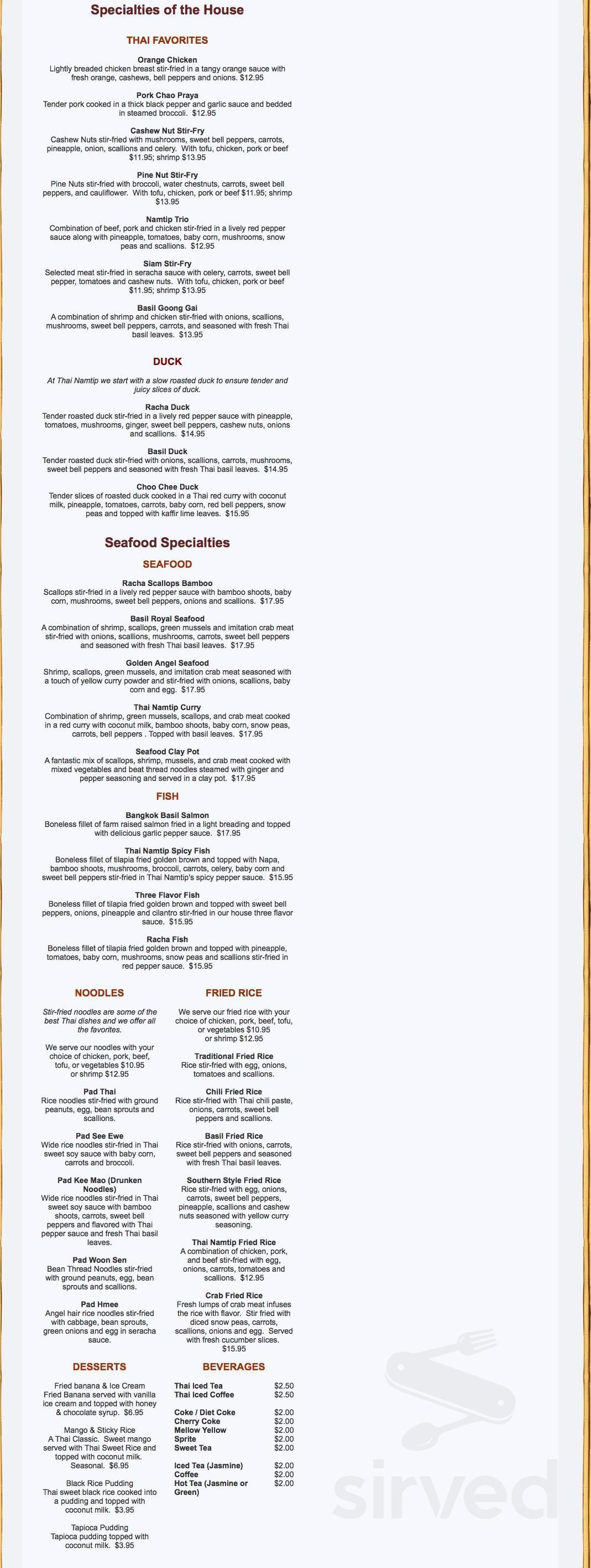 Thai Namtip menu in Cincinnati, Ohio, USA