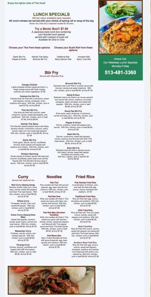 Thai Namtip menu in Cincinnati, Ohio, USA