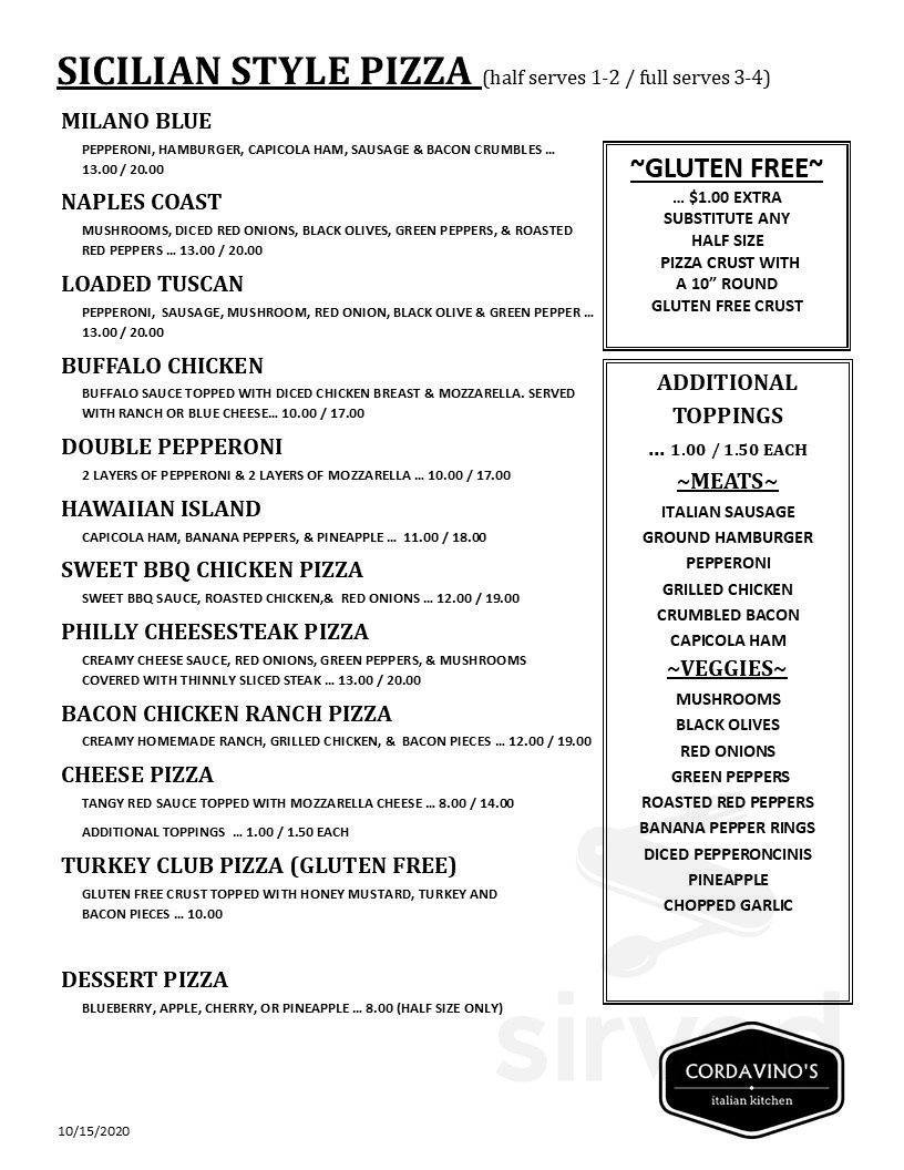 Cordavino's menu in Metropolis, Illinois, USA