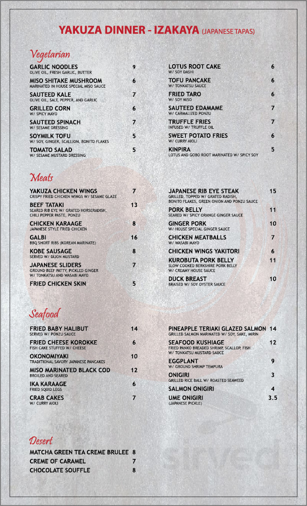 Yakuza Sushi menu in Los Angeles, California, USA