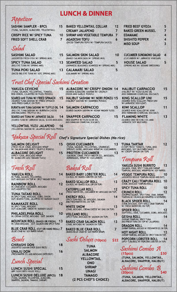 Menu - Los Angeles CA's Yakuza Sushi | Sirved