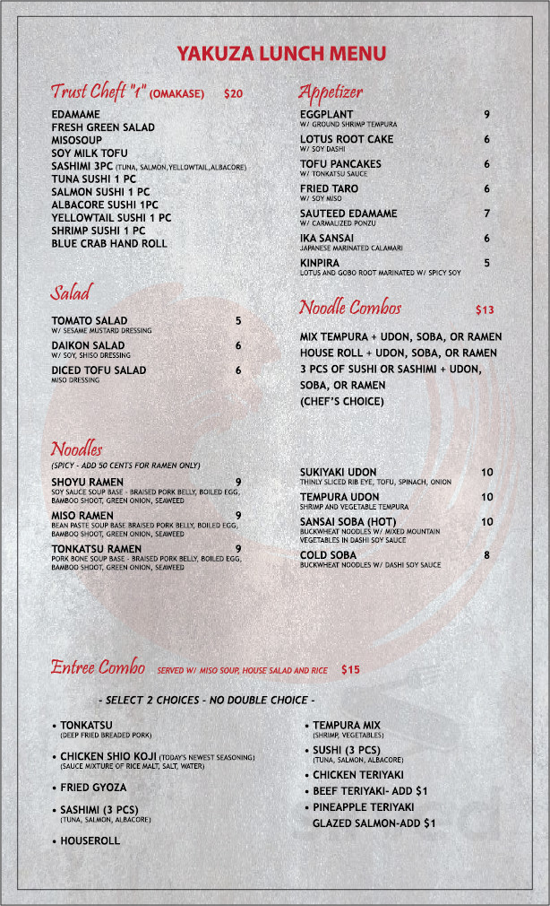 Yakuza Sushi menu in Los Angeles, California, USA