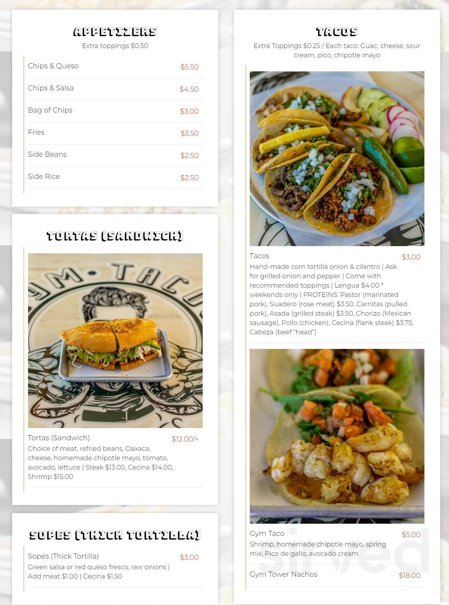 Gym Tacos menu in Raleigh, North Carolina, USA
