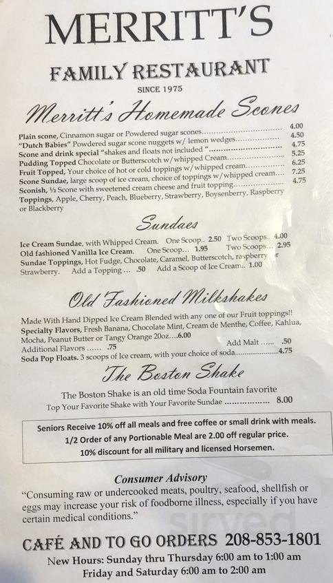 Menu for Merritt's Family Restaurant in Boise, ID | Sirved