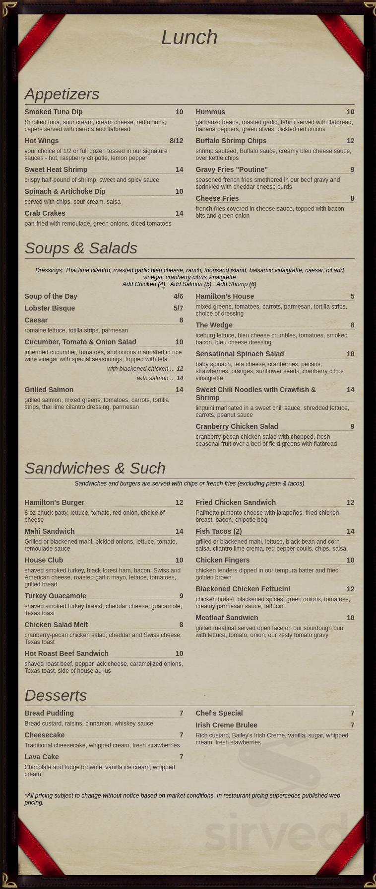 Menu for Hamilton's On Ogletree in Auburn, AL | Sirved