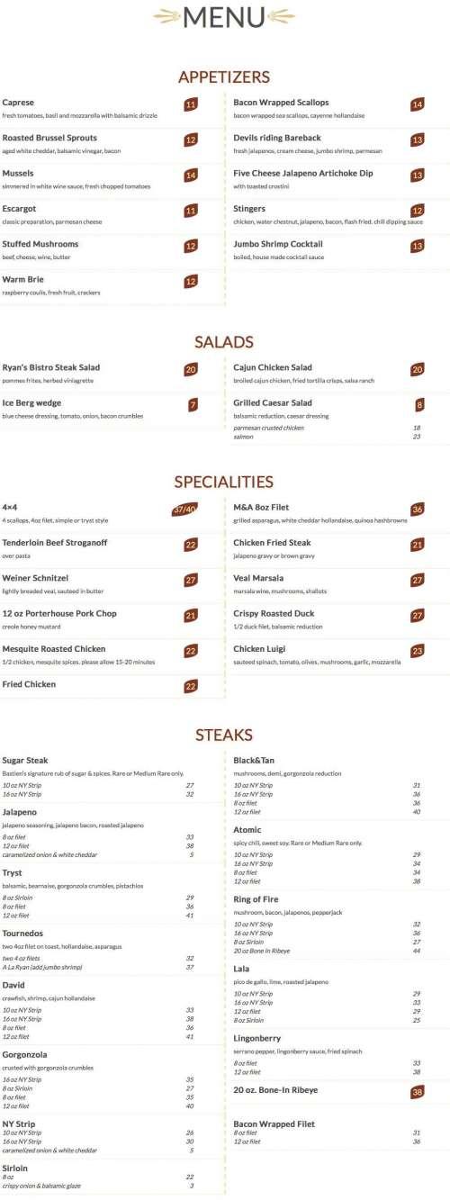 Bastien's Restaurant menu in Denver, Colorado, USA