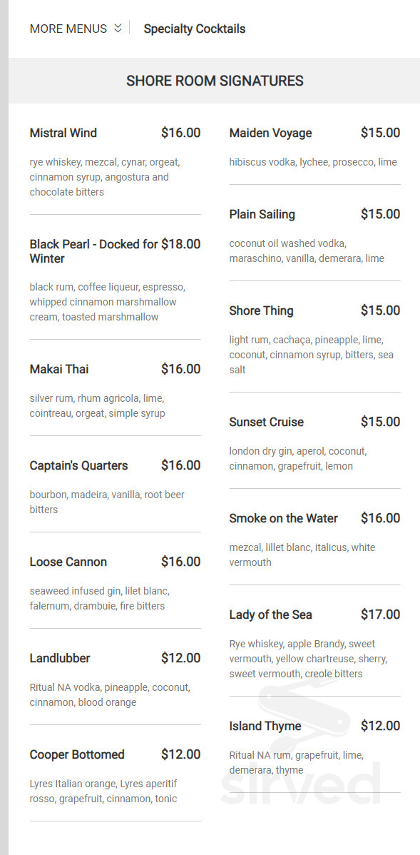 The Shore Room menu in Oceanside, California, USA