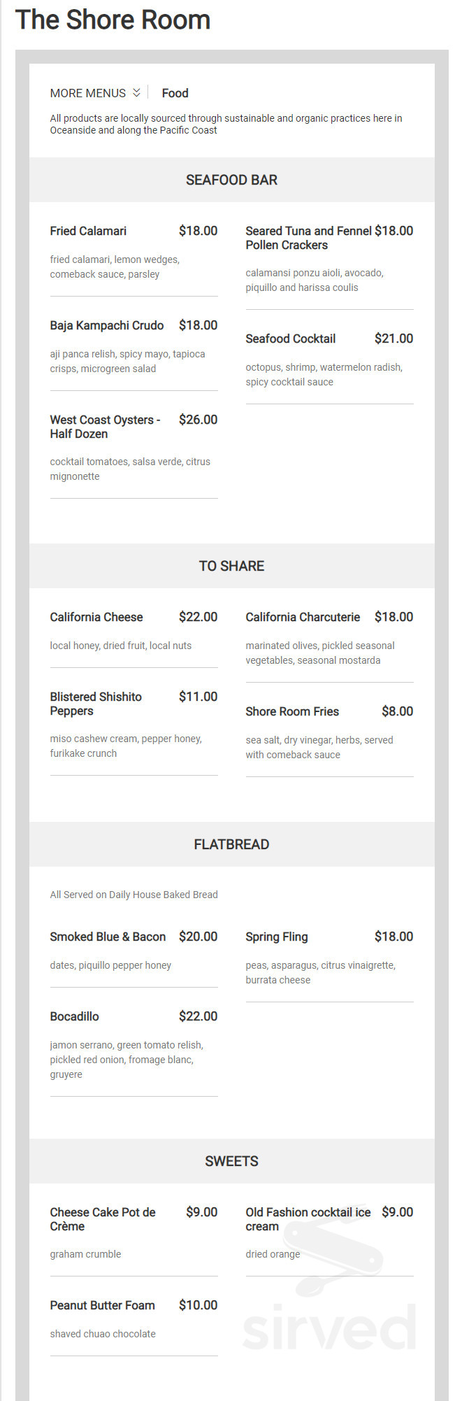 The Shore Room menu in Oceanside, California, USA