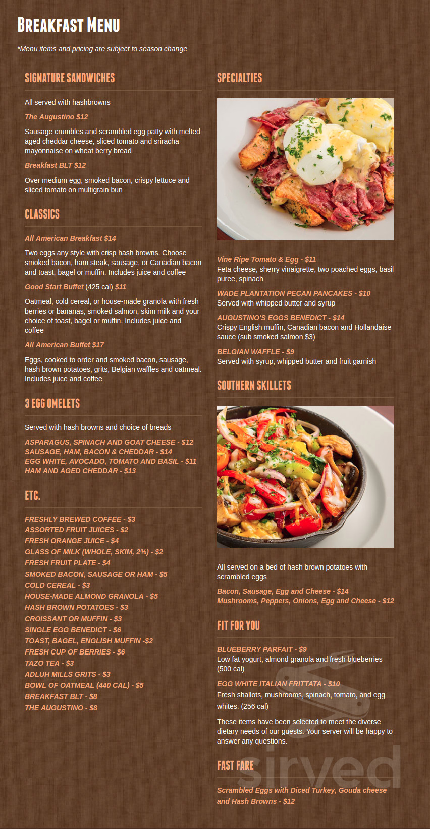 Augustino's Italian Eatery and Prime Steaks menu in Augusta, Georgia, USA