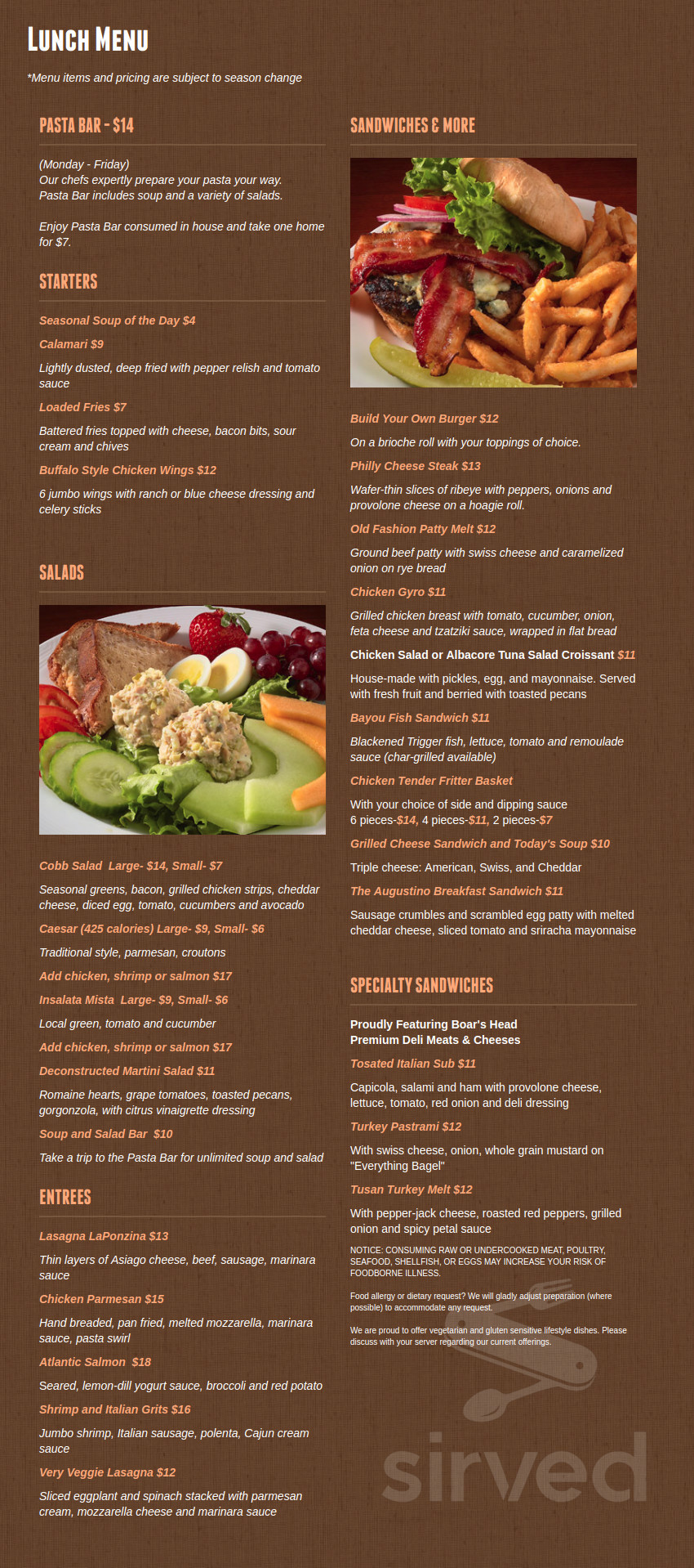 Augustino's Italian Eatery and Prime Steaks menu in Augusta, Georgia, USA