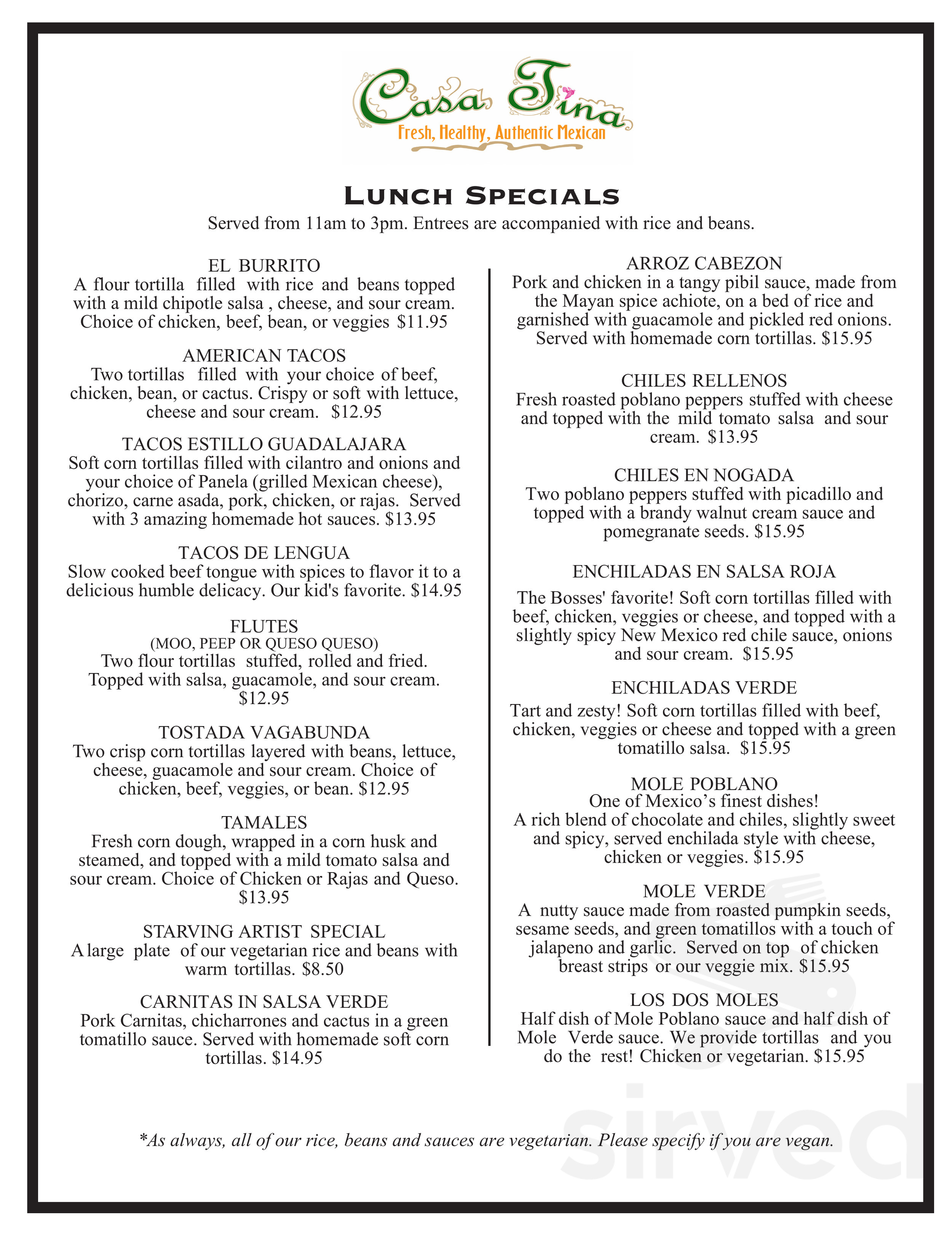 Casa Tina "Fresh, Healthy, Authentic Mexican" menu in Dunedin, Florida, USA