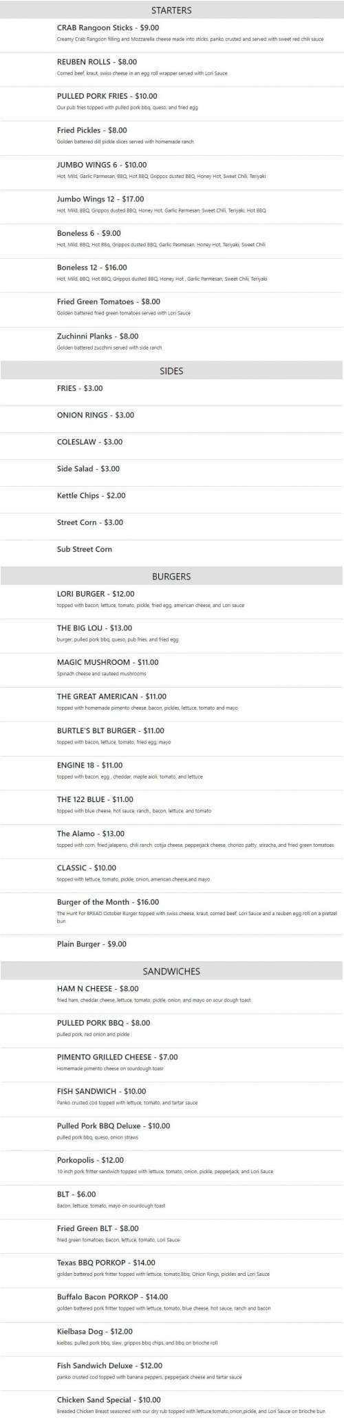 Lori's American Grille menu in Goshen, Ohio, USA