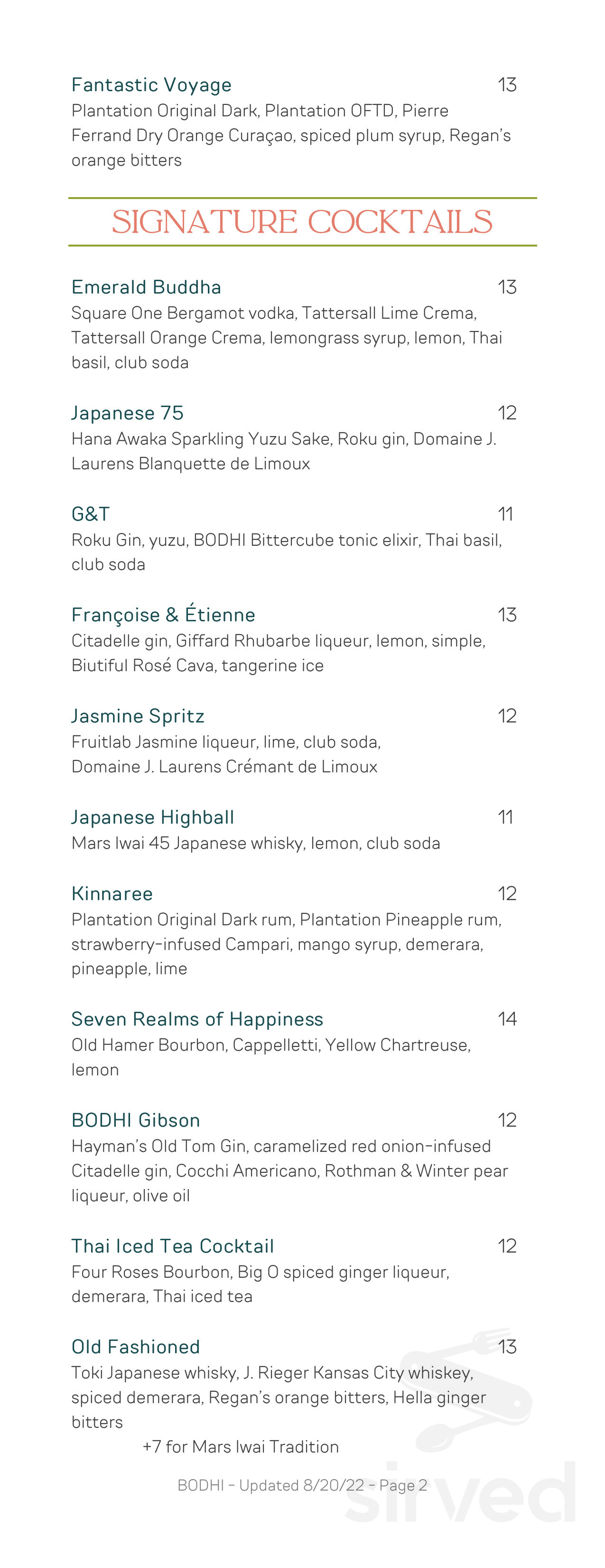 BODHI menu in Indianapolis, Indiana, USA