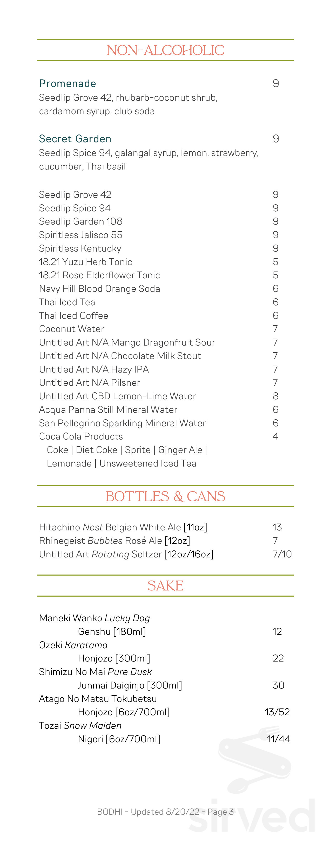 BODHI menu in Indianapolis, Indiana, USA