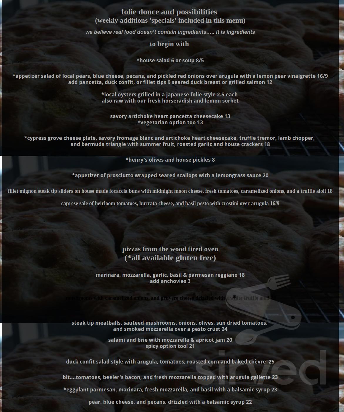 Menu - Arcata CA's Folie Douce | Sirved
