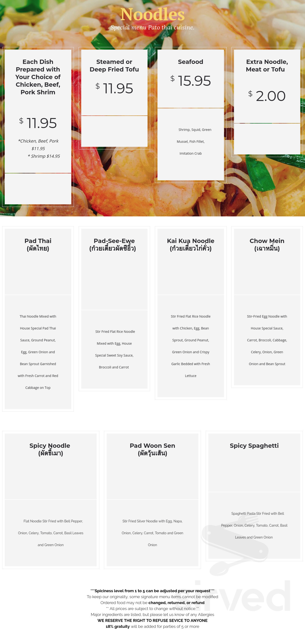 Pato Thai Cuisine menu in Flagstaff, Arizona, USA