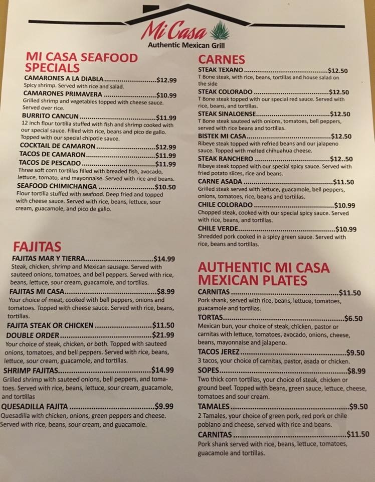 Mi Casa Authentic Mexican Grill menu in Williamsburg, Iowa, USA