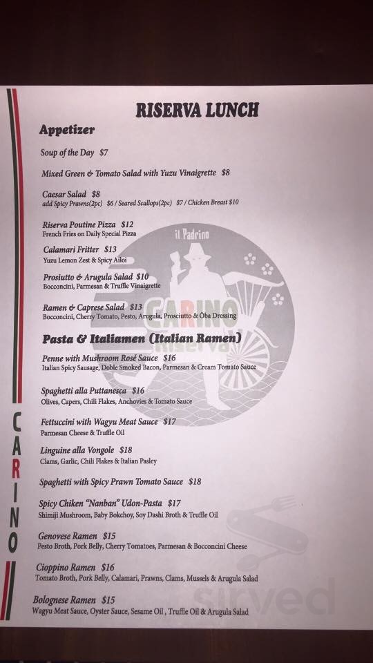 Carino Japanese Italian Kitchen menus in Calgary, Alberta, Canada