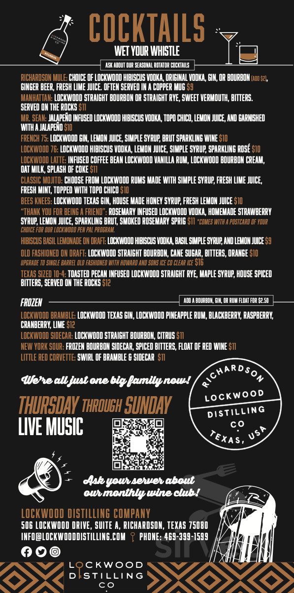 Lockwood Distilling Company menu in Richardson, Texas, USA