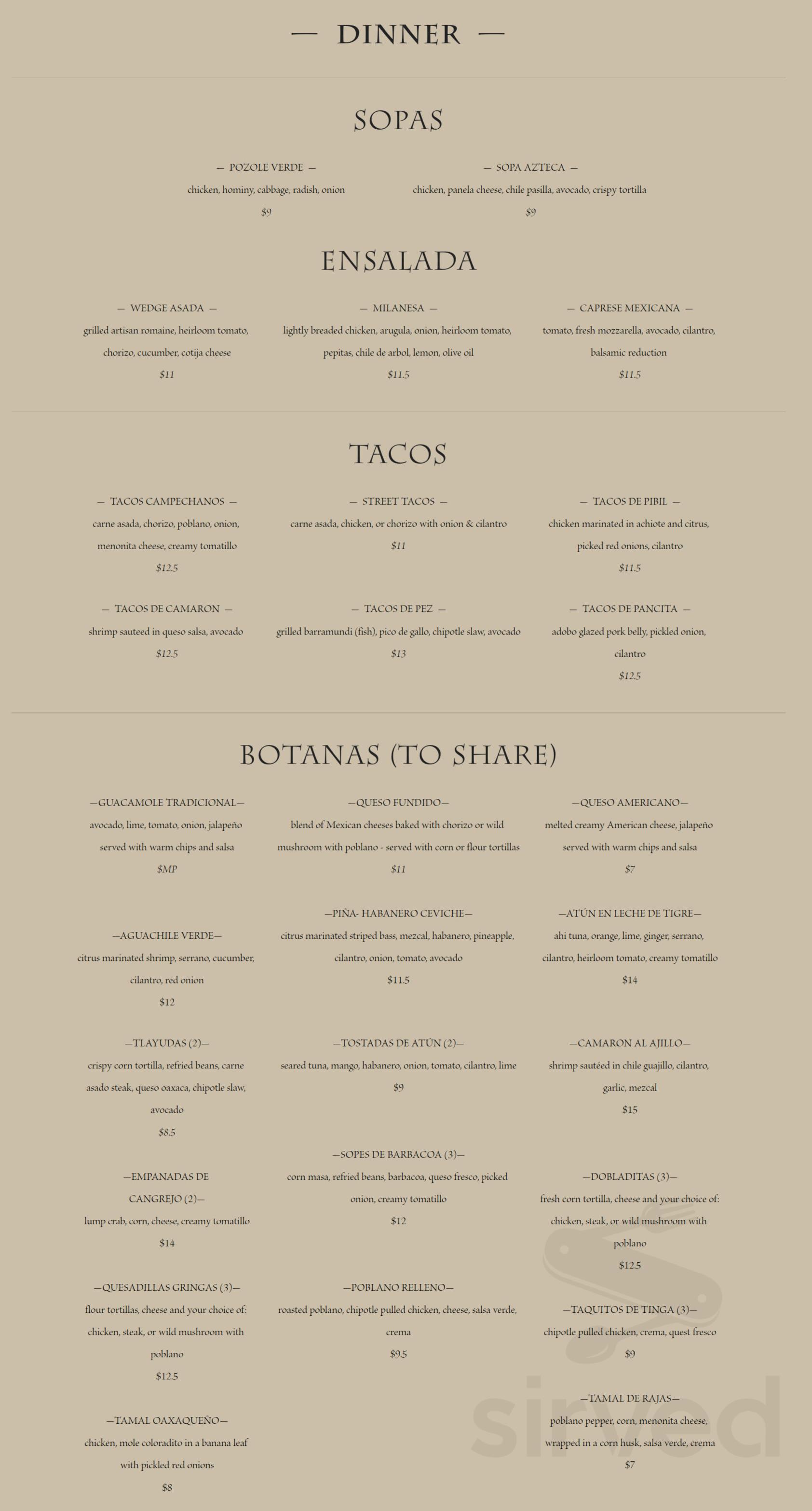 Coa Agaveria y Cocina menu in Columbia, South Carolina, USA