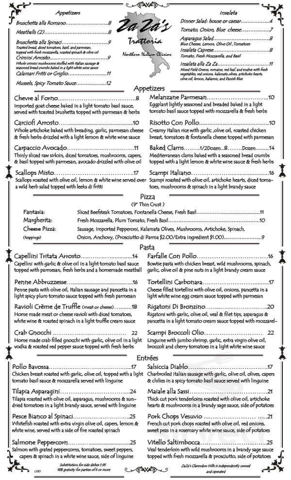 ZaZa’s menus in Clarendon Hills, Illinois, United States