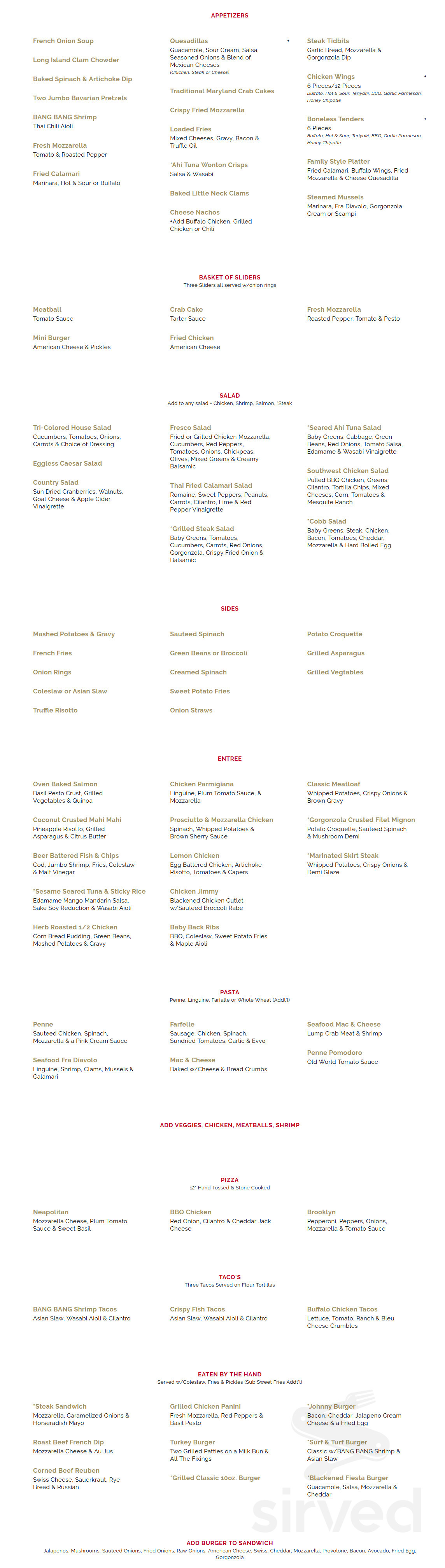 Jackson Hall American Bar & Grille menu in East Islip, New York, USA