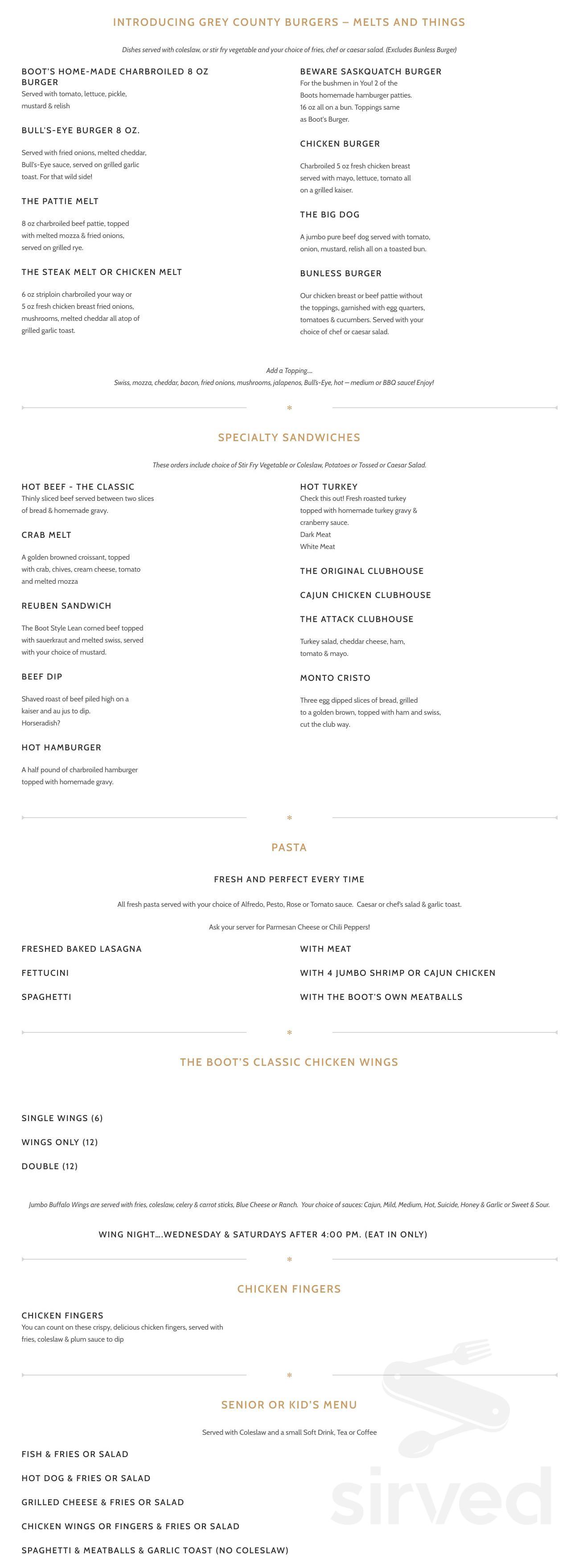 Boot & Blade menu in Owen Sound, Ontario, Canada