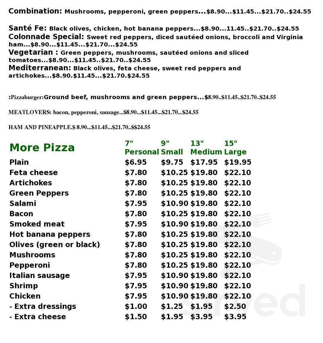 Colonnade Pizza menu in Ottawa, Ontario, Canada