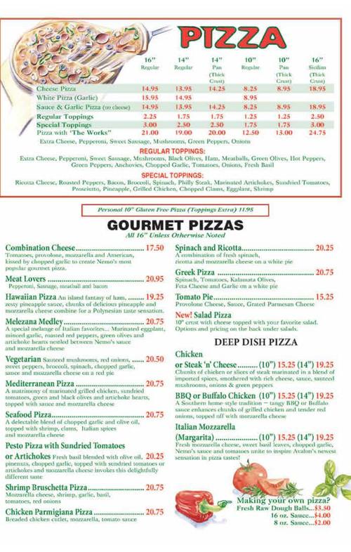Nemo's Pizza Of Stone Harbor menu in Stone Harbor, New Jersey, USA