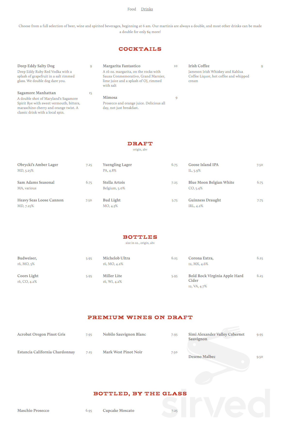 Obrycki's Restaurant and Bar menu in Baltimore, Maryland, USA
