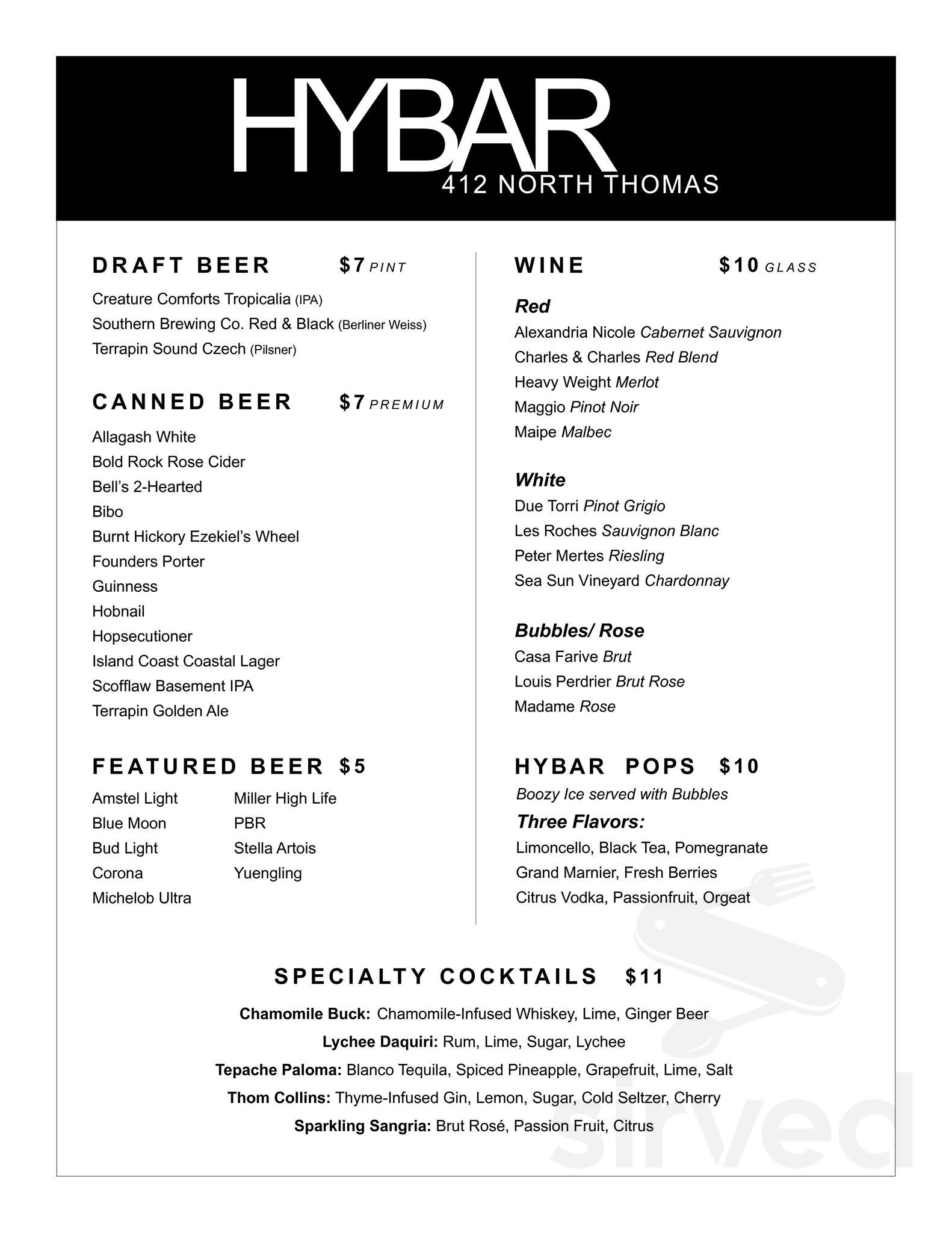 Menu for HYBAR in Athens, GA | Sirved